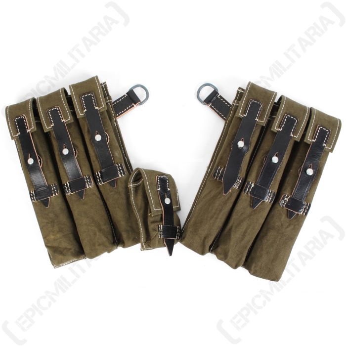 MP40 Canvas Ammo Pouch Leather Straps Pair - Dark Khaki - Epic Militaria